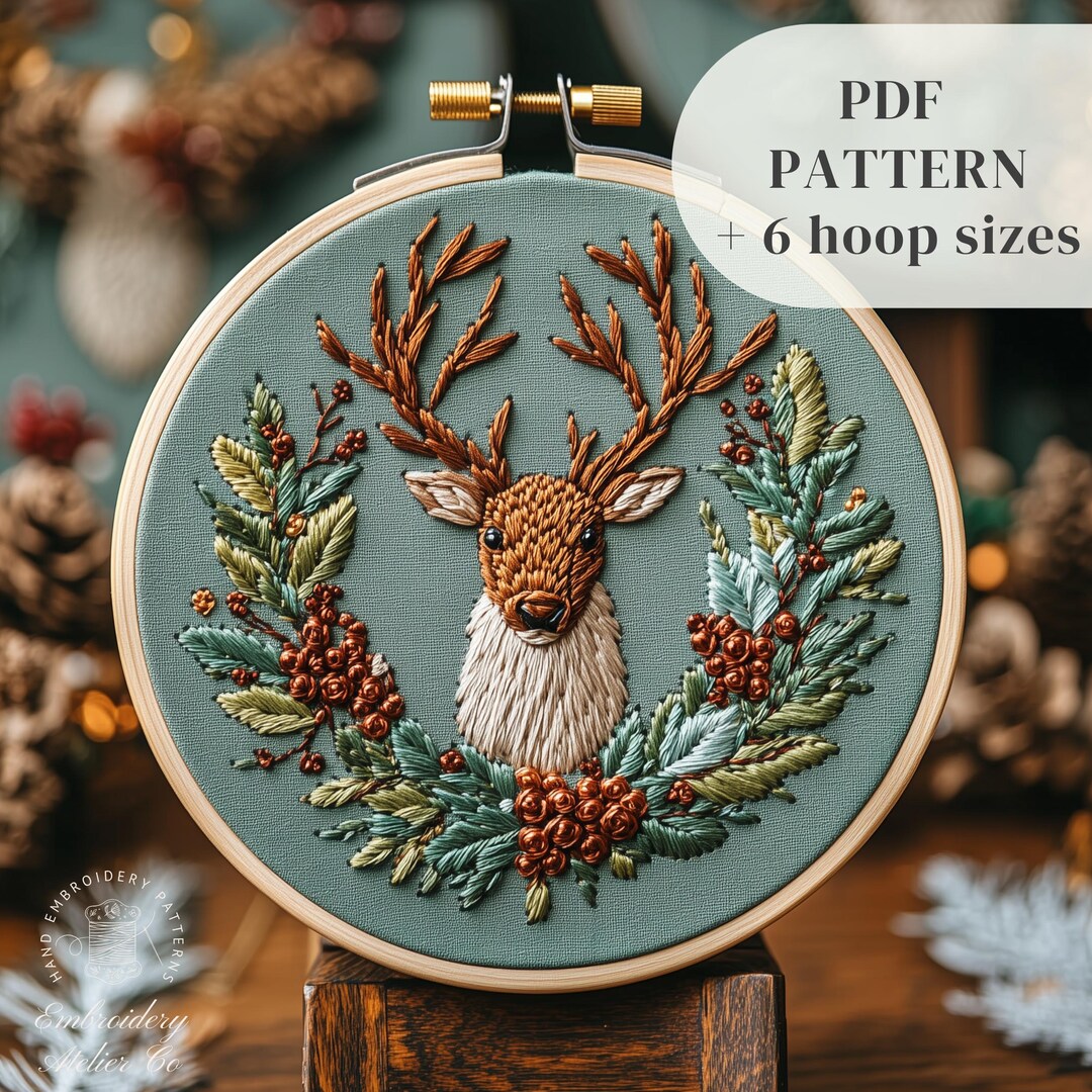 Reindeer Embroidery PDF Pattern, Christmas Wreath Hand Embroidery ...
