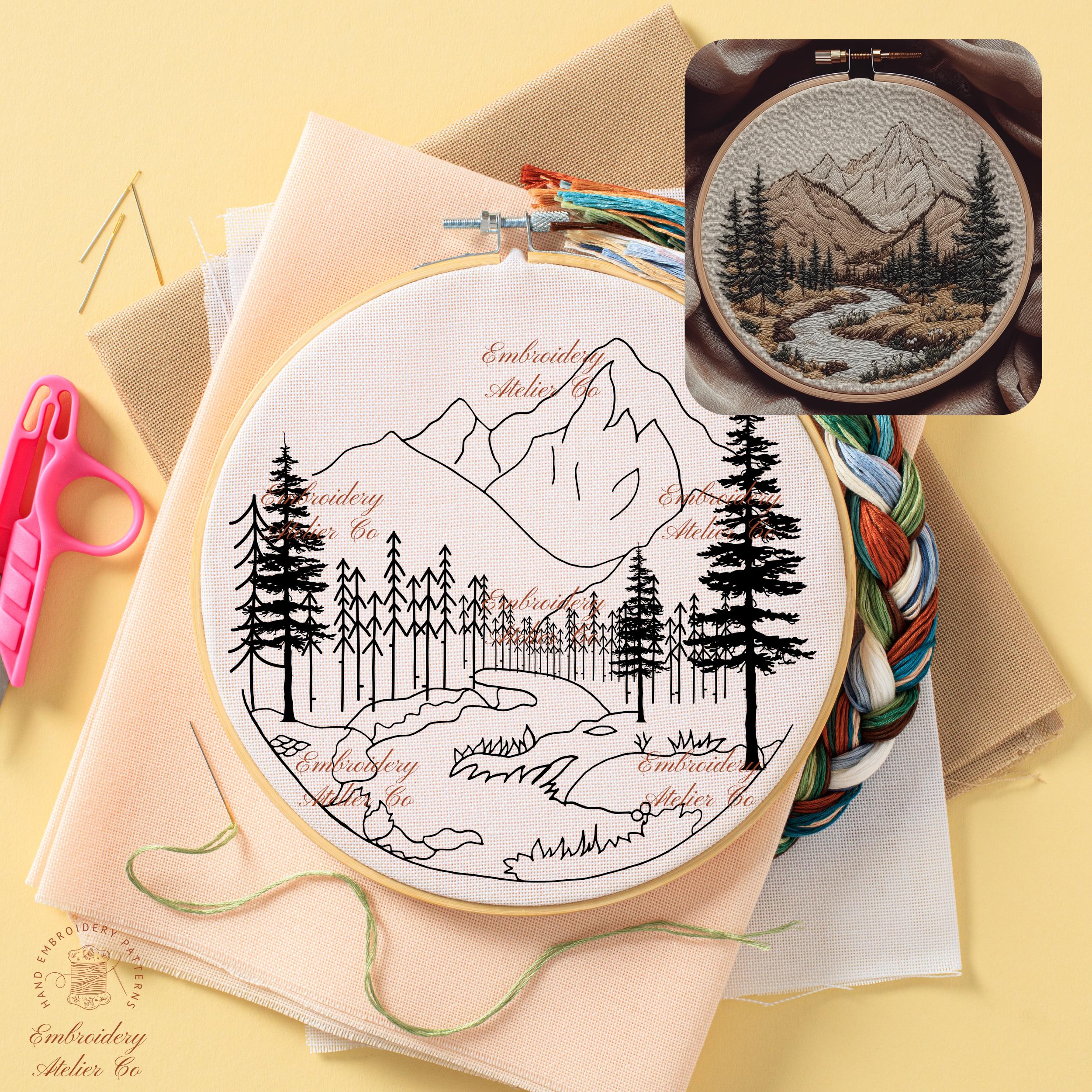 Landscape Hand Embroidery Design, Mountain Views Embroidery Pattern ...