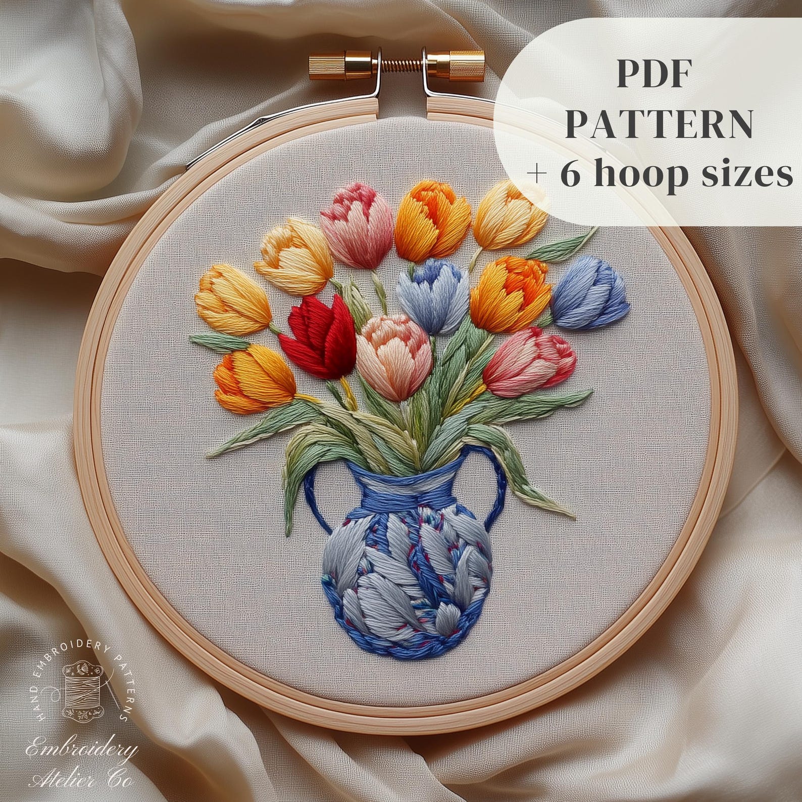 Vase of Tulips Hand Embroidery Design, Colorful Tulips DIY Embroidery ...