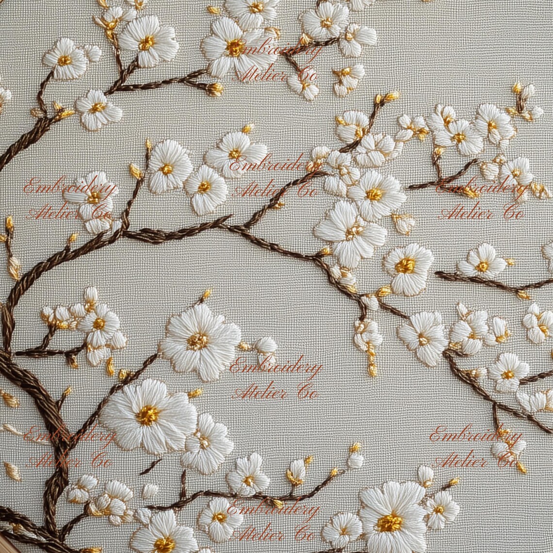Cherry Blossoms Hand Embroidery Pattern, White Sakura Tree Embroidery ...