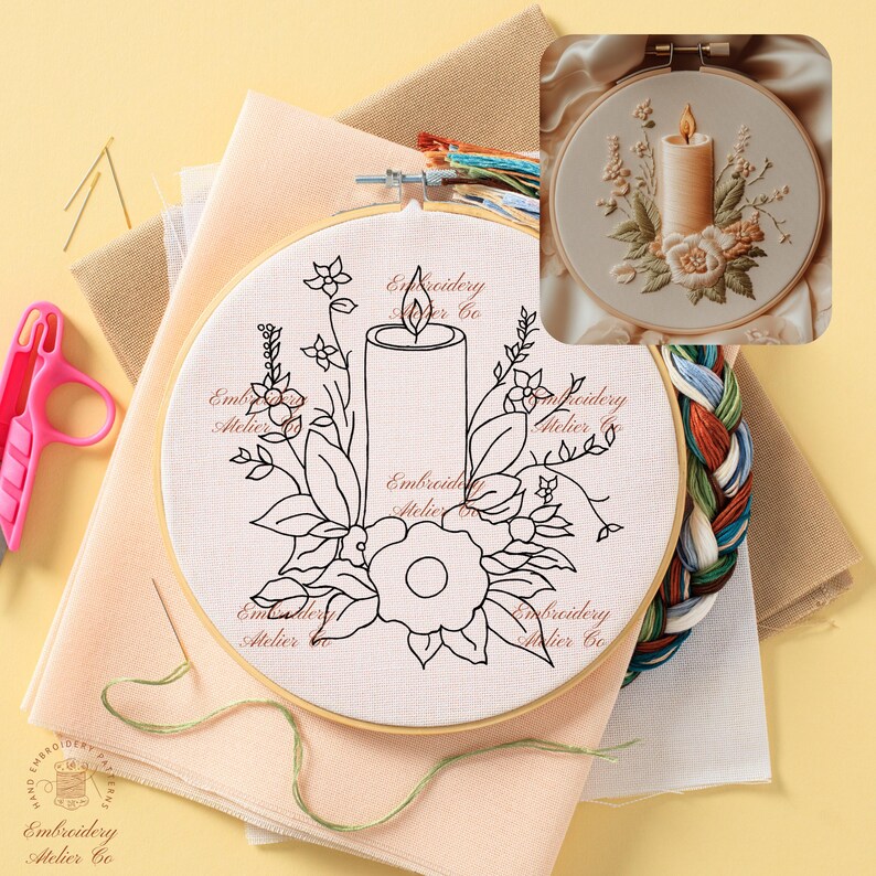 Floral Candle Embroidery PDF Pattern, Beginner Hand Embroidery Design ...