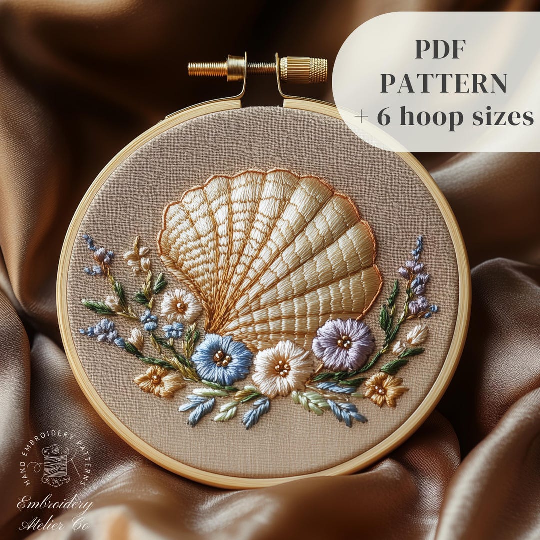 Summer Embroidery PDF Pattern, Floral Seashell Hand Embroidery Design ...