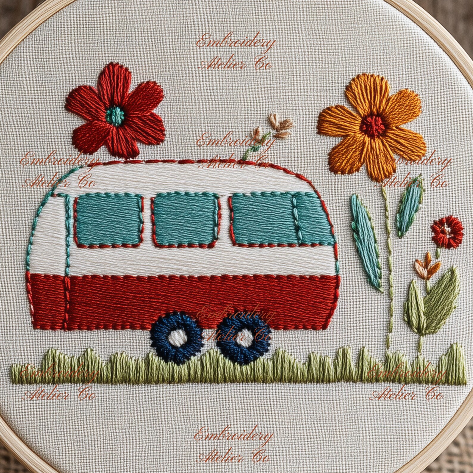 Retro Caravan Hand Embroidery Design, Floral Camper Embroidery Pattern ...