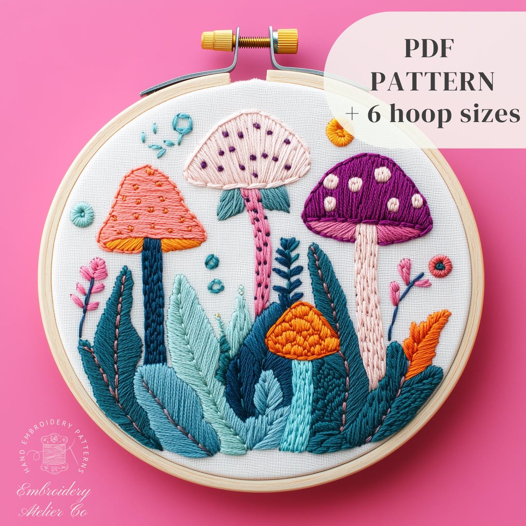 Whimsical Embroidery PDF Pattern, Mushrooms Hand Embroidery Design ...