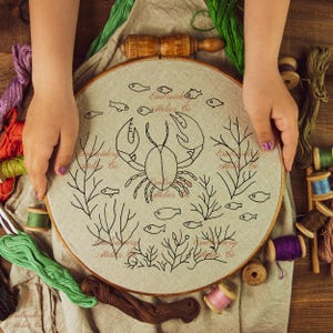 Lobster and Fishes Embroidery Pattern, Ocean Life Hand Embroidery ...