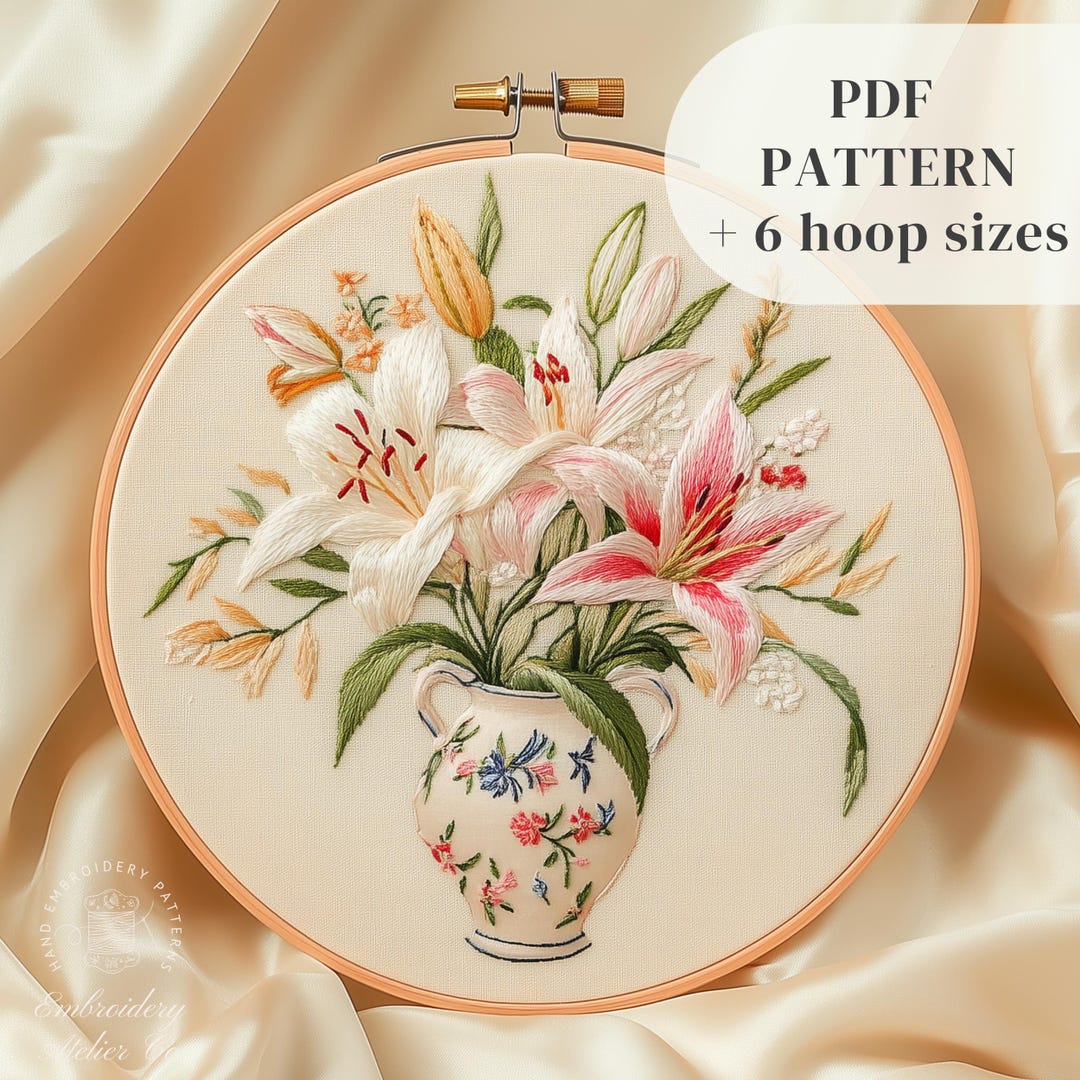 Lilium Flowers Embroidery PDF Pattern, Vase of Lilies Embroidery Design ...
