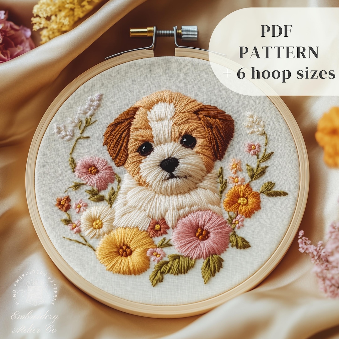 Cute Puppy Embroidery Design, Flowers Dog Hand Embroidery Pattern ...