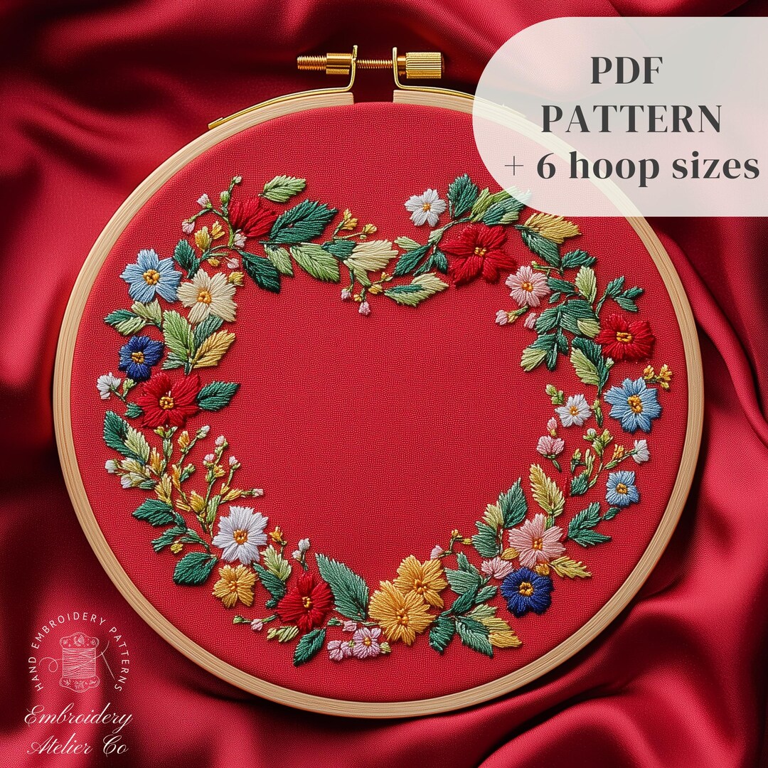 Heart Shaped Floral Wreath Hand Embroidery Pattern - Romantic Flower ...