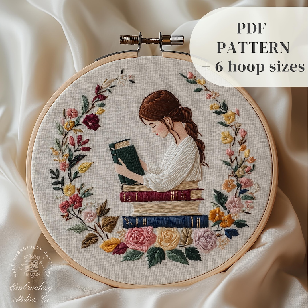 Reading Woman Embroidery PDF Pattern, Female and Books Hand Embroidery ...