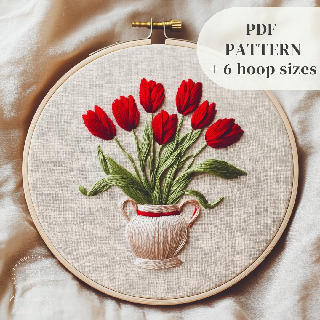 Vase of Red Tulips Embroidery Pattern, Flowers Embroidery Design ...