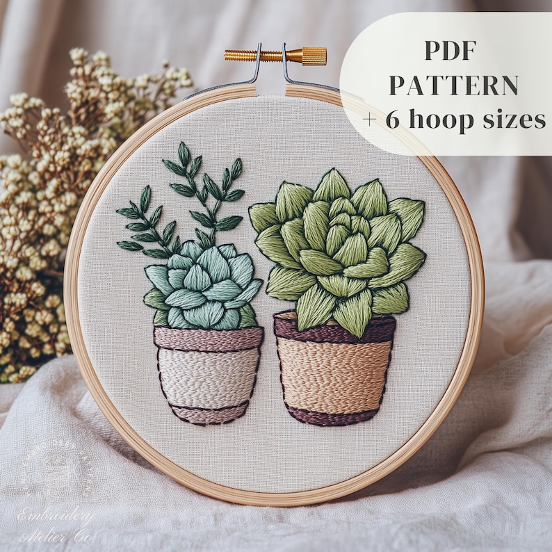 Succulent Plants Hand Embroidery Pattern, Easy Beginners Embroidery ...