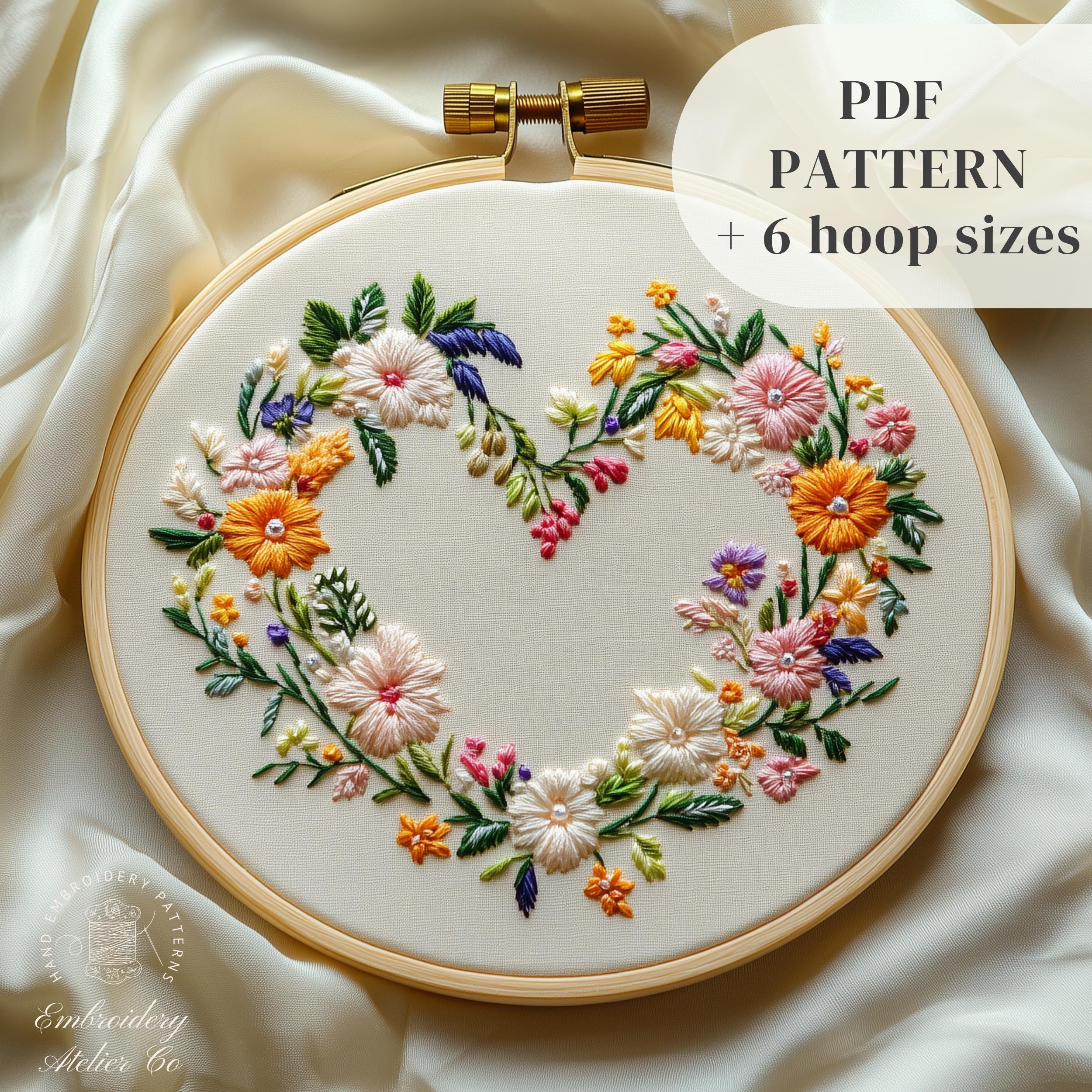 Spring Flowers Wreath Embroidery Pattern, Heart Shaped Wreath Hand ...