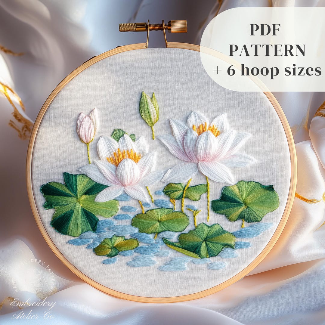 Water Lilies Embroidery PDF Pattern, Water Lily Hand Embroidery Design ...