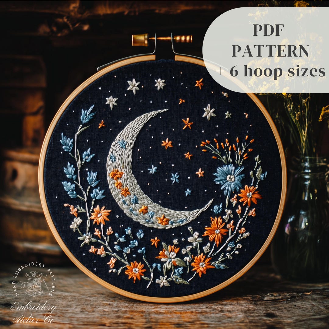 Flowers Crescent Moon Hand Embroidery Pattern, Celestial Embroidery ...