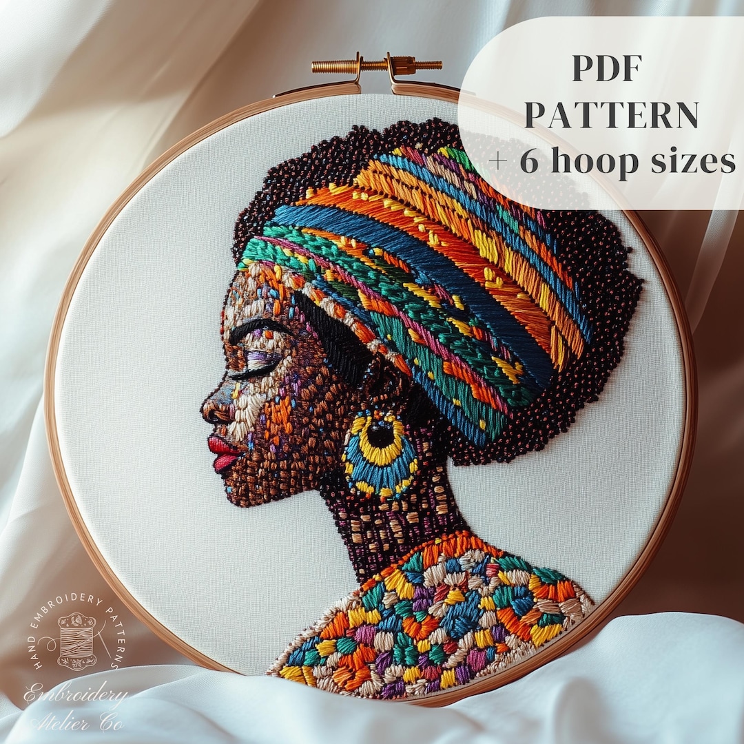 African Woman Hand Embroidery Design, Afro Lady Embroidery Pattern ...