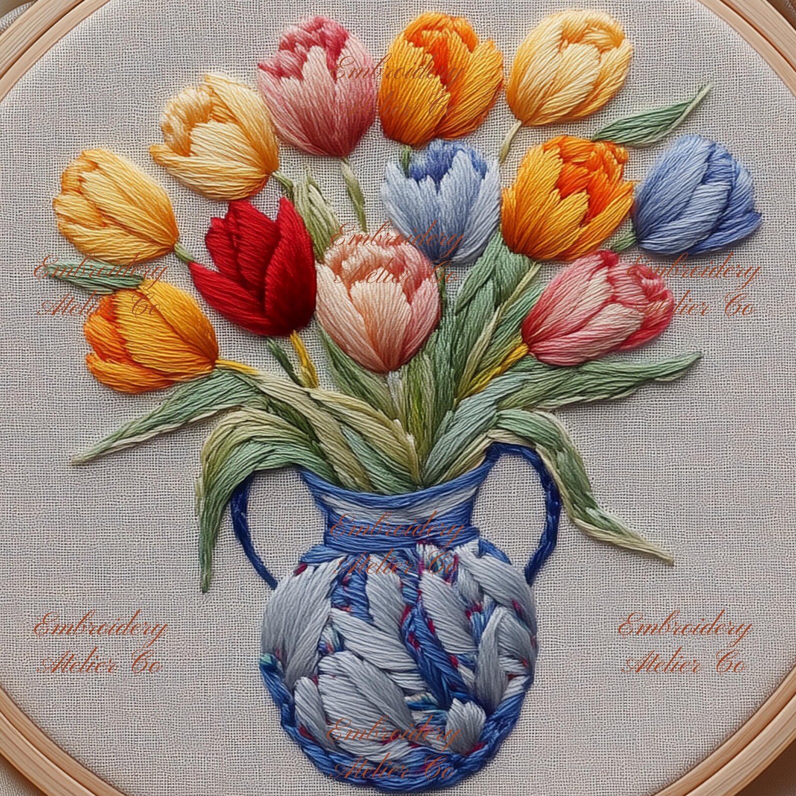 Vase of Tulips Hand Embroidery Design, Colorful Tulips DIY Embroidery ...