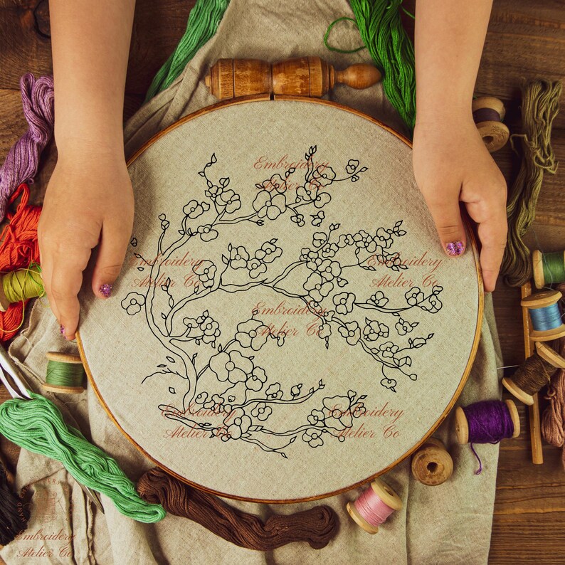 Cherry Blossoms Hand Embroidery Pattern, White Sakura Tree Embroidery ...