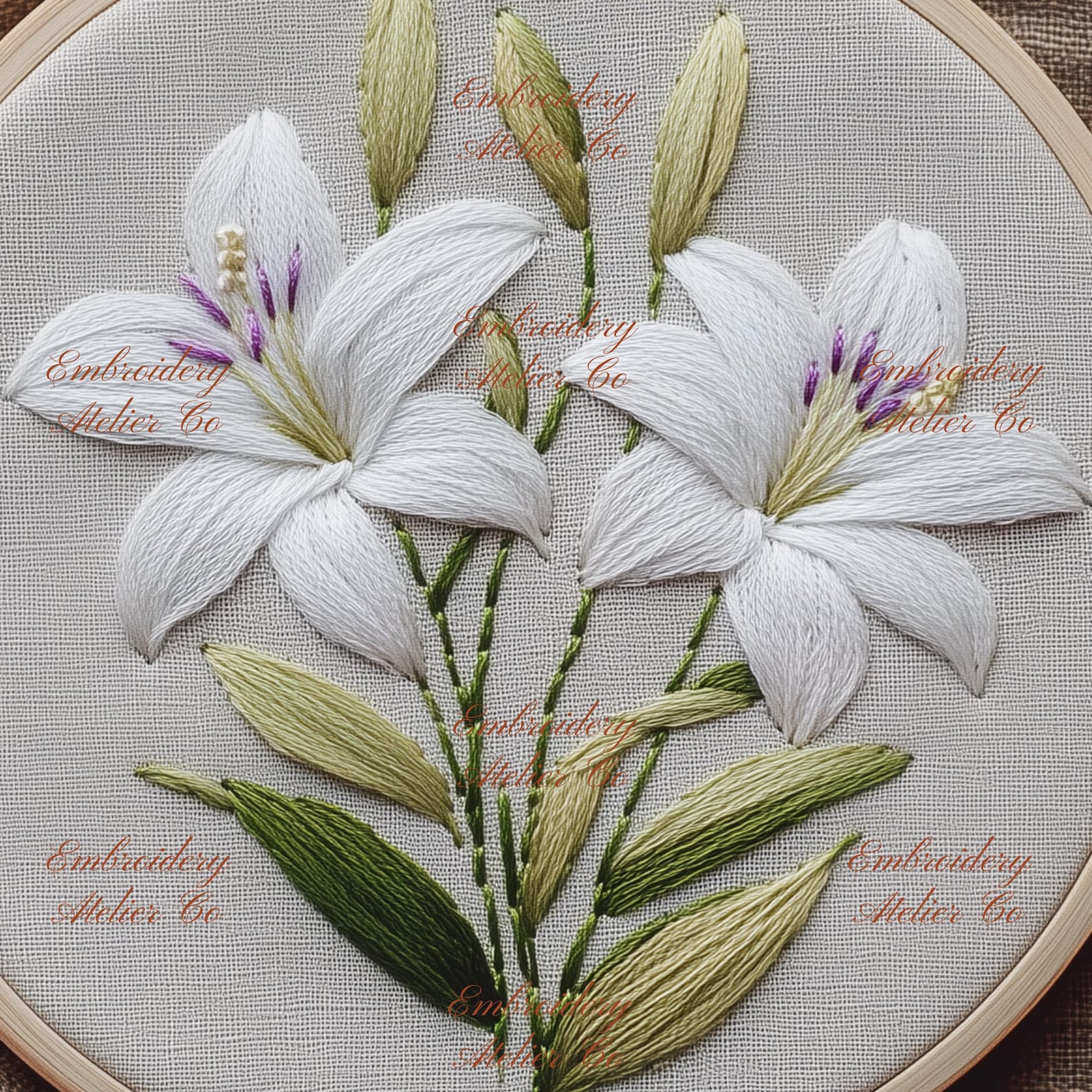 White Lilies Hand Embroidery Pattern, Lilium Flowers Embroidery Design ...