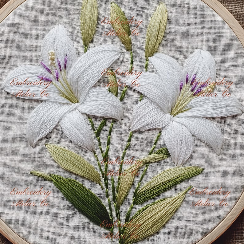 White Lilies Hand Embroidery Pattern, Lilium Flowers Embroidery Design ...