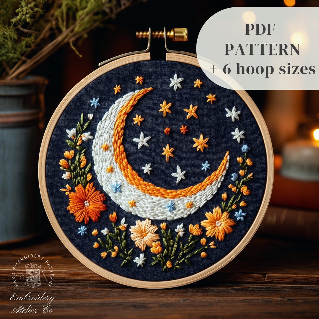 Crescent Moon Embroidery Design, Celestial Embroidery PDF Pattern ...