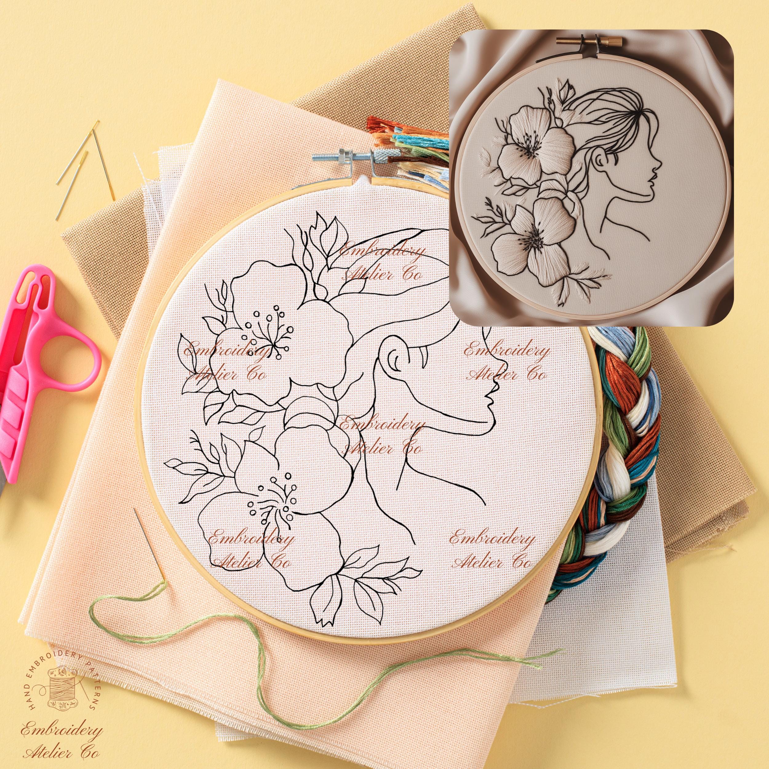 Flowers Woman Embroidery PDF Pattern, Female Silhouette Hand Embroidery ...