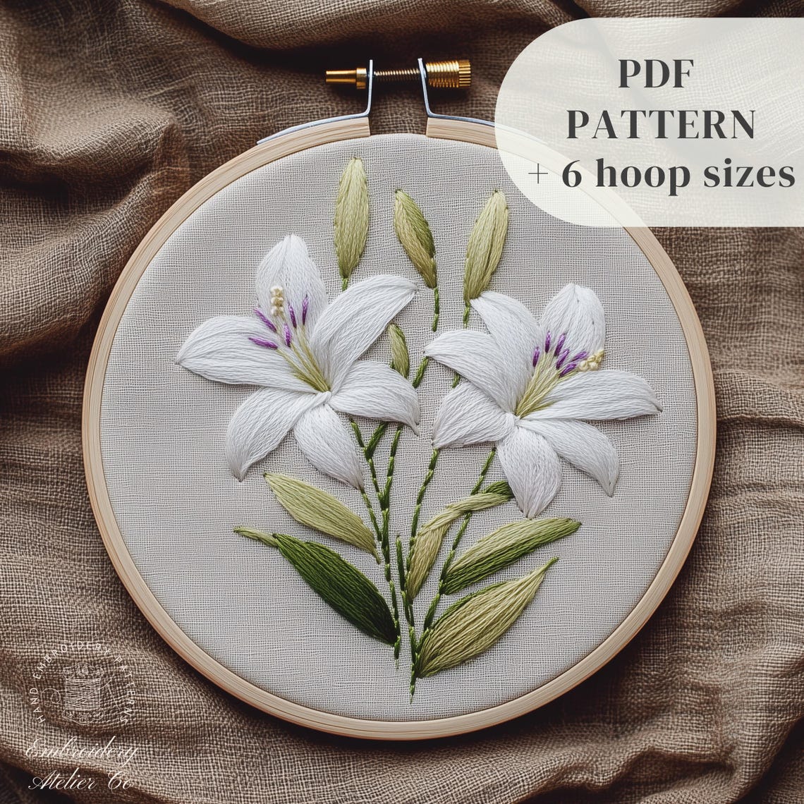 White Lilies Hand Embroidery Pattern, Lilium Flowers Embroidery Design ...