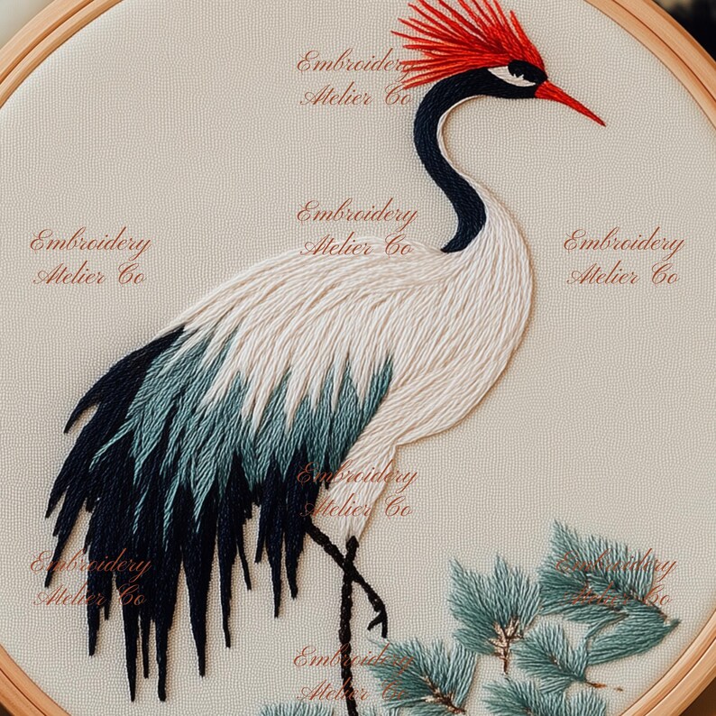 Red Crowned Crane Embroidery Design, Japanese Crane Bird Embroidery ...