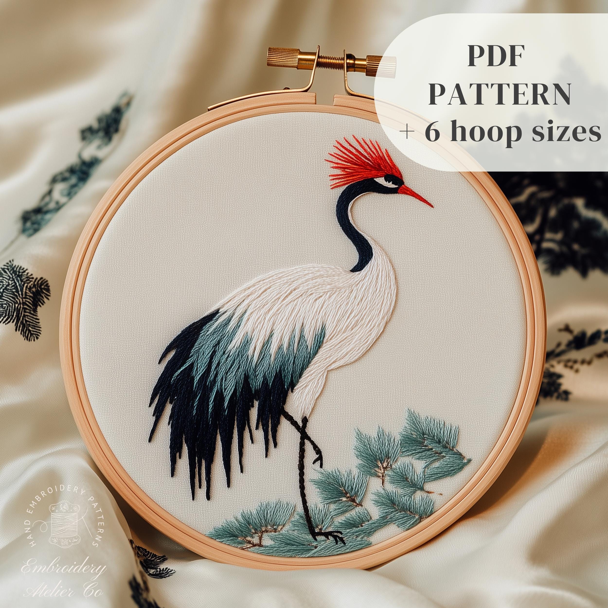 Red Crowned Crane Embroidery Design, Japanese Crane Bird Embroidery ...