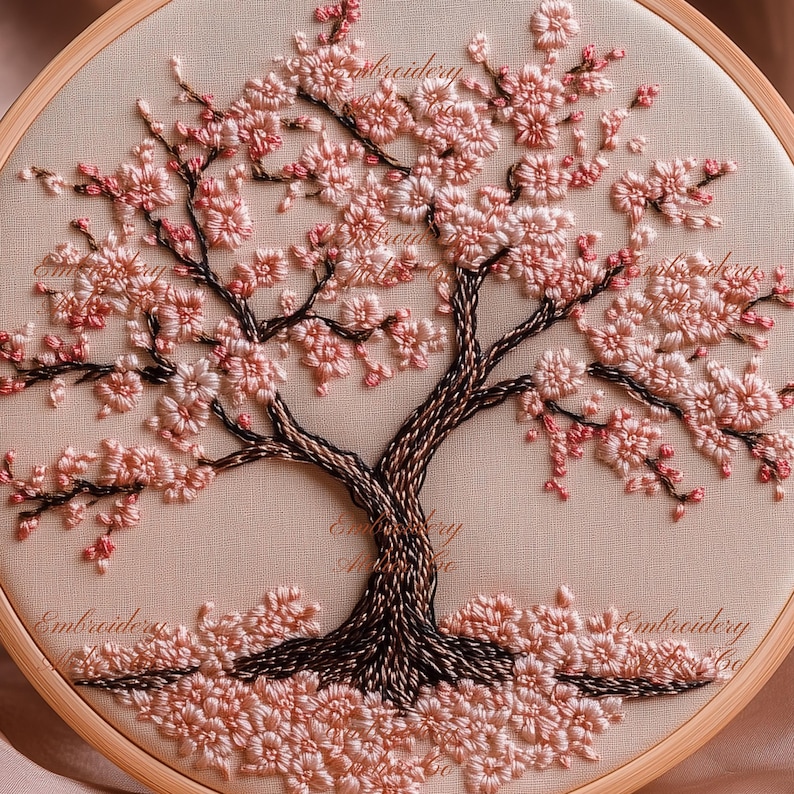 Cherry Blossoms Hand Embroidery Design, Pink Sakura Tree Embroidery PDF ...