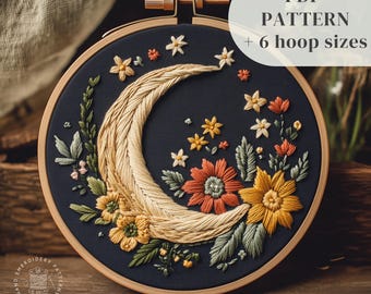 Celestial Hand Embroidery Pattern, Floral Crescent Moon Embroidery ...