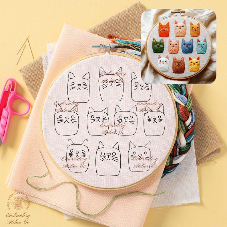 Grumpy Cats Hand Embroidery Pattern, Animal DIY Embroidery Design ...