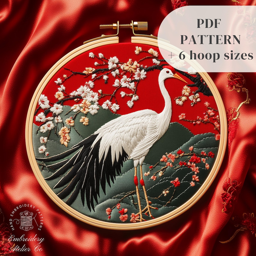 Japanese Crane Bird Embroidery Design, Red Crowned Crane Embroidery ...