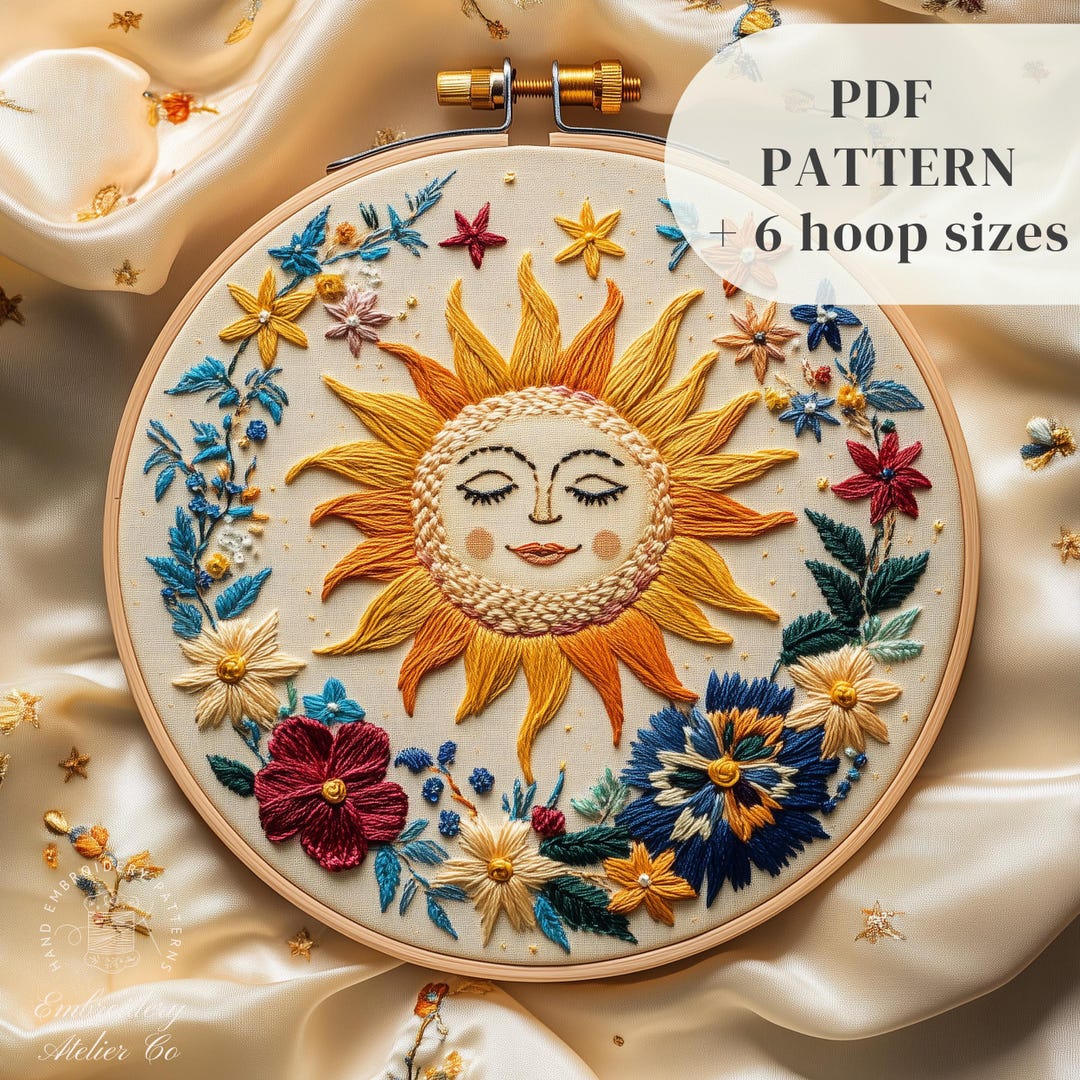 Celestial Hand Embroidery Pattern, Vibrant Sun Embroidery Design ...