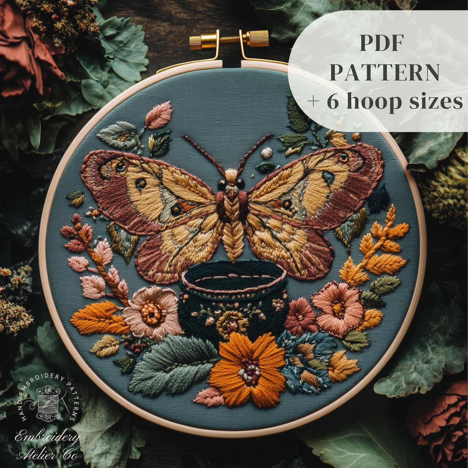 Witchy Hand Embroidery Design, Luna Moth and Witch Cauldron Embroidery ...