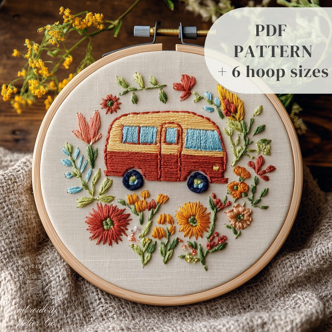 Floral Camper Embroidery Pattern, Cute Caravan Hand Embroidery Design ...