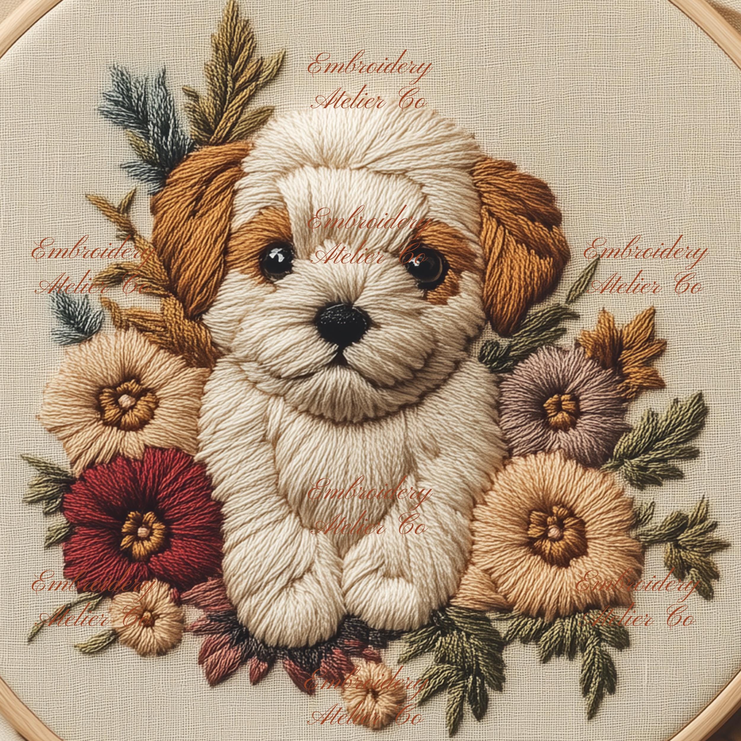 Cute Dog Hand Embroidery Pattern, Floral Puppy Embroidery Design ...