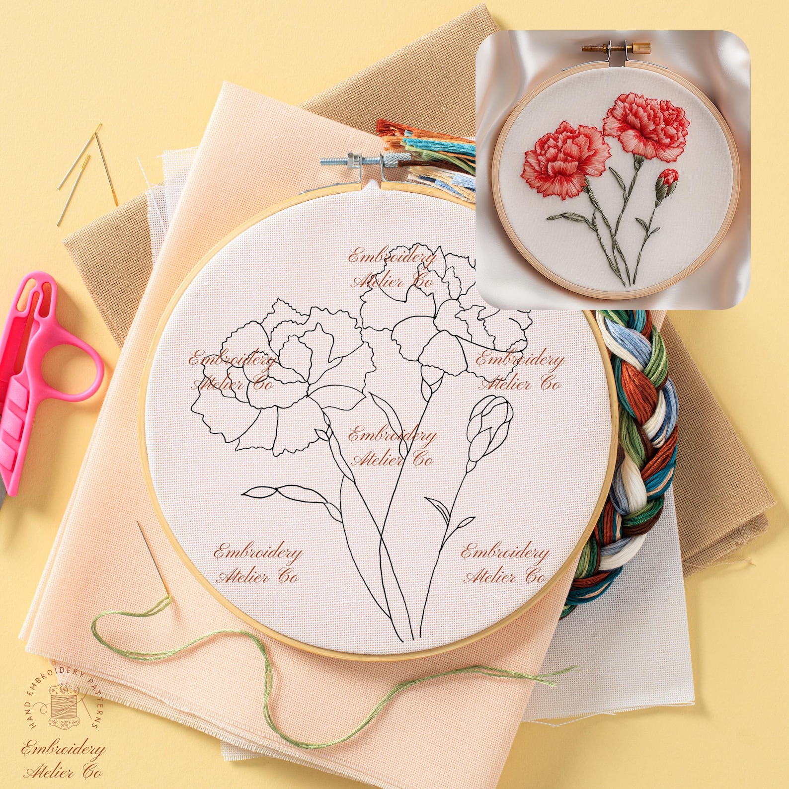 Carnations Hand Embroidery Pattern, Spring Flowers Embroidery Design ...