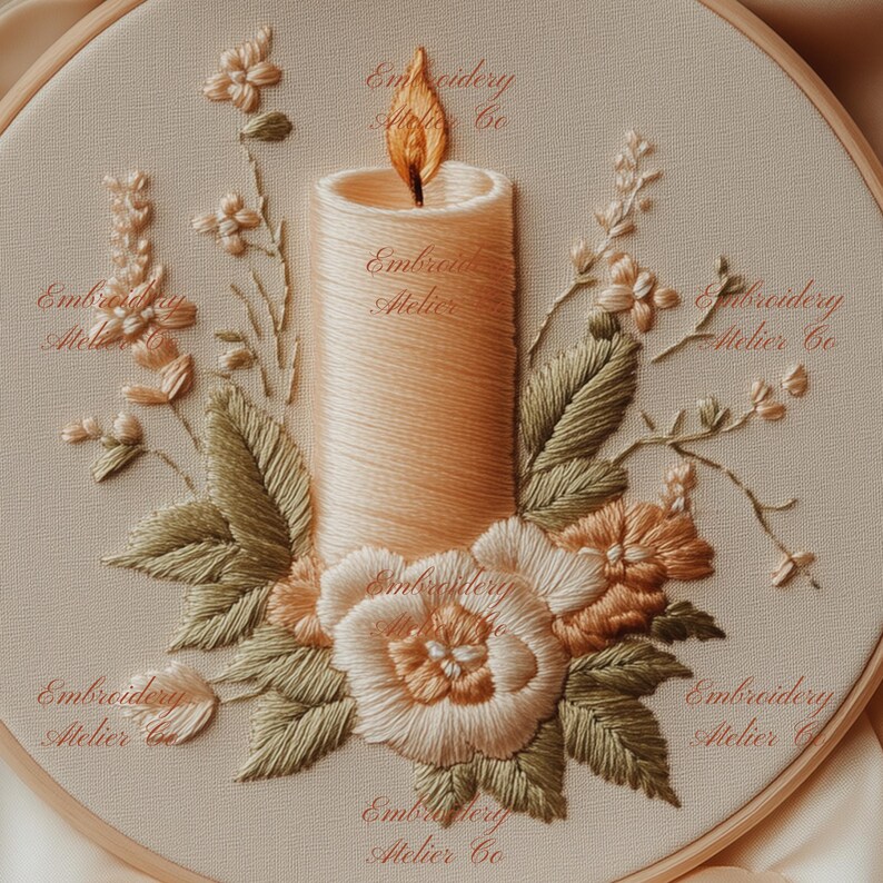 Floral Candle Embroidery PDF Pattern, Beginner Hand Embroidery Design ...