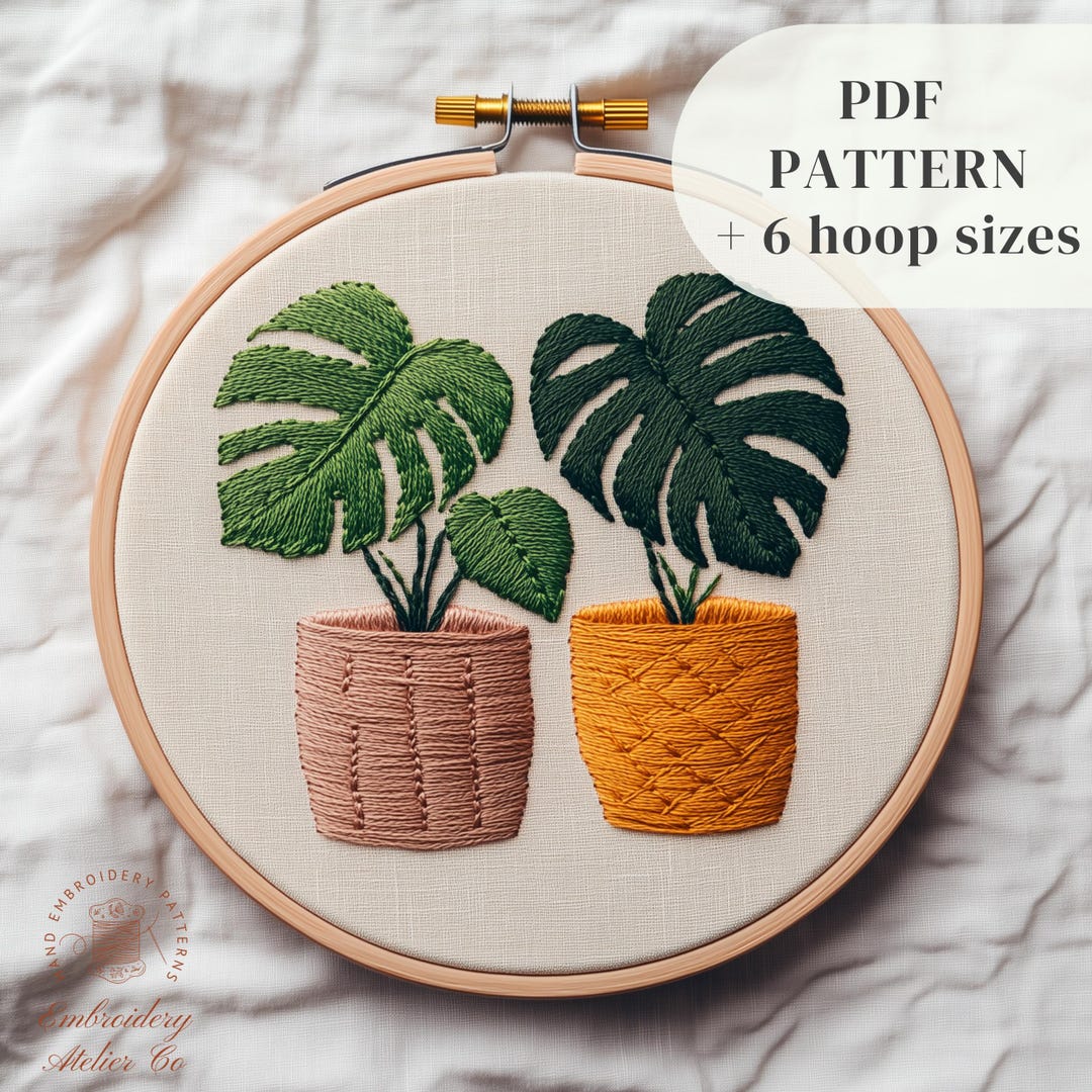 Potted House Plants Embroidery Pattern, Monstera Hand Embroidery Design ...