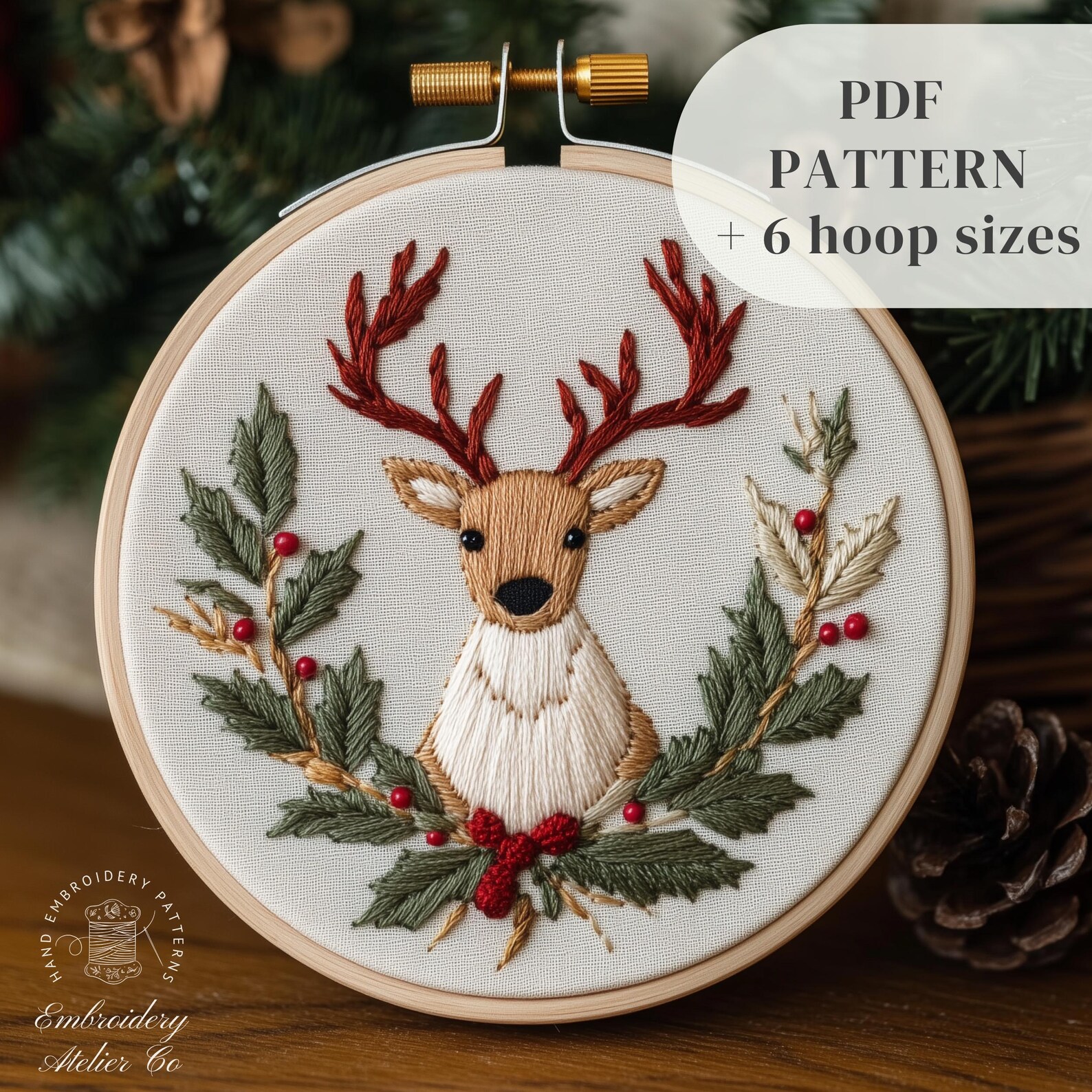 Christmas Reindeer Embroidery Pattern, Winter Hand Embroidery Design ...