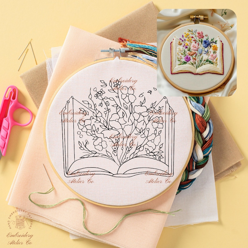 Bookish Hand Embroidery Pattern, Floral Book Embroidery Design, Flower ...