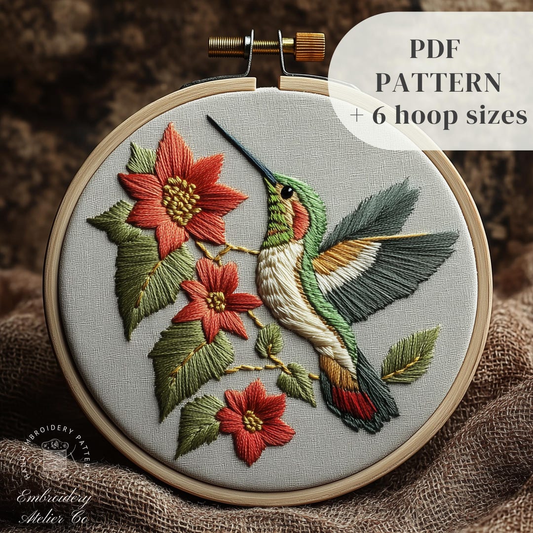 Hummingbird Embroidery PDF Pattern, Flowers and Tropical Bird Hand ...