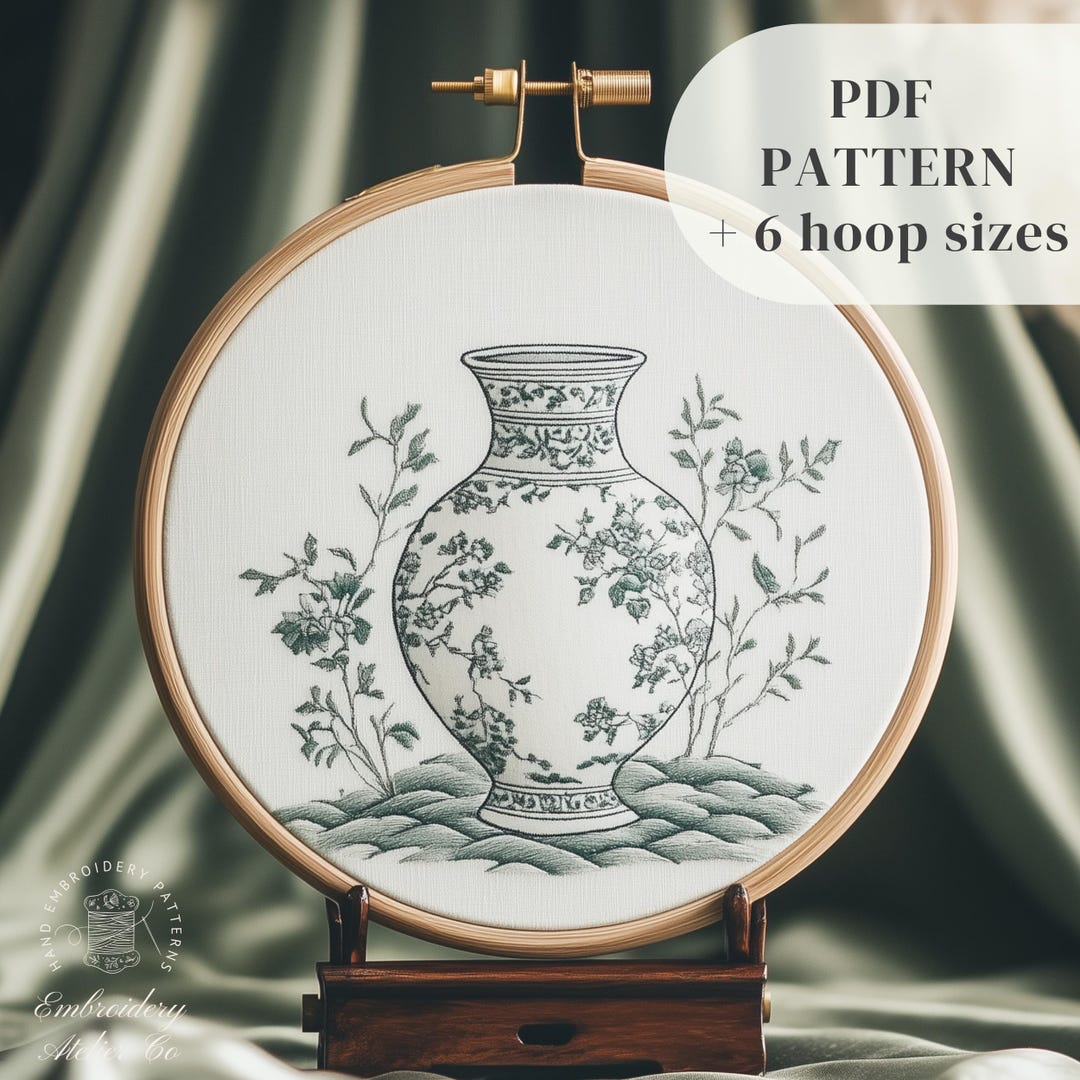 Japanese Hand Embroidery PDF Pattern, Floral Vase Embroidery Design ...