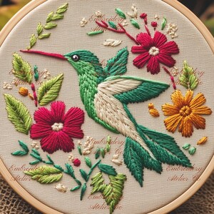 Hummingbird Hand Embroidery Pattern, Flowers and Tropical Bird ...