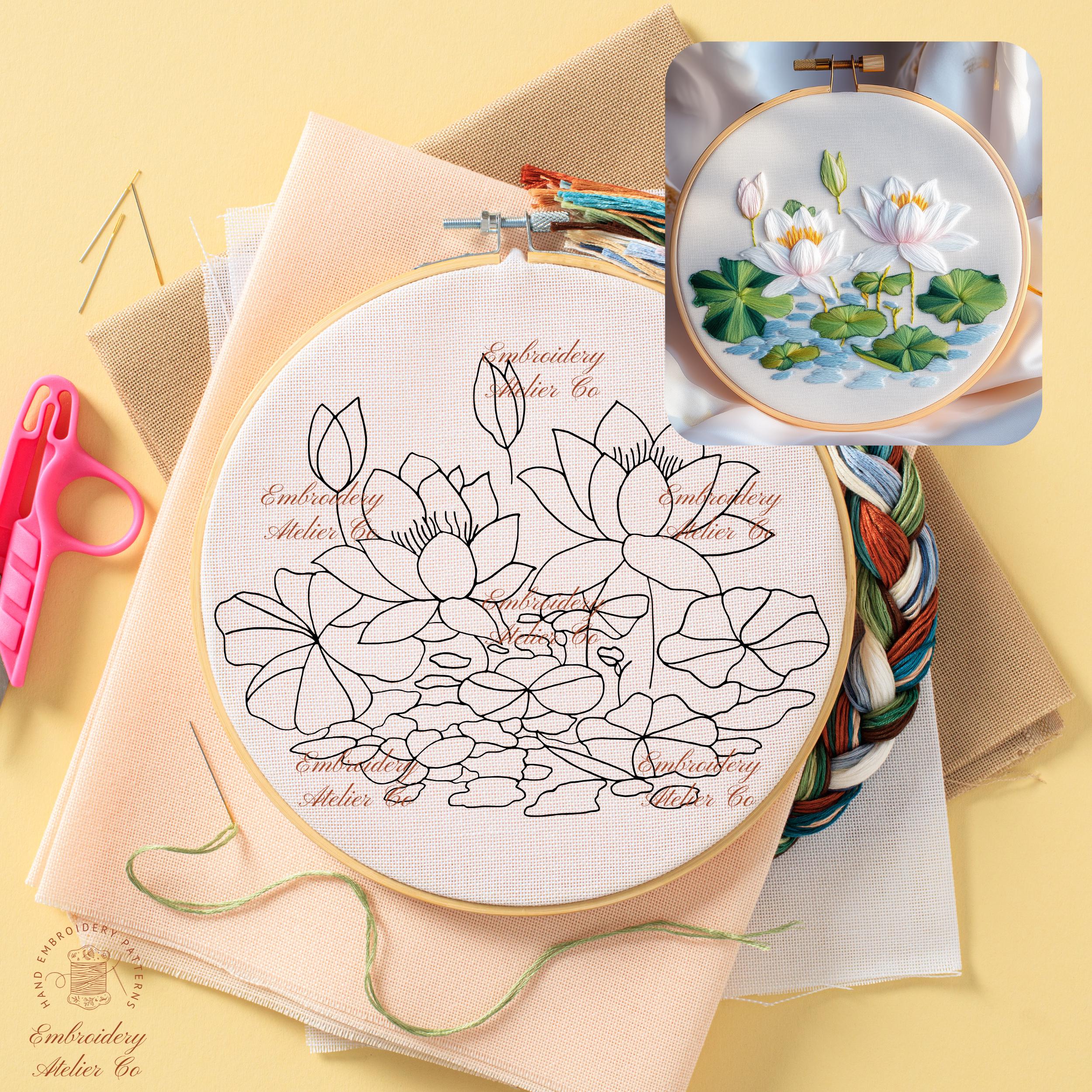 Water Lilies Embroidery PDF Pattern, Water Lily Hand Embroidery Design ...