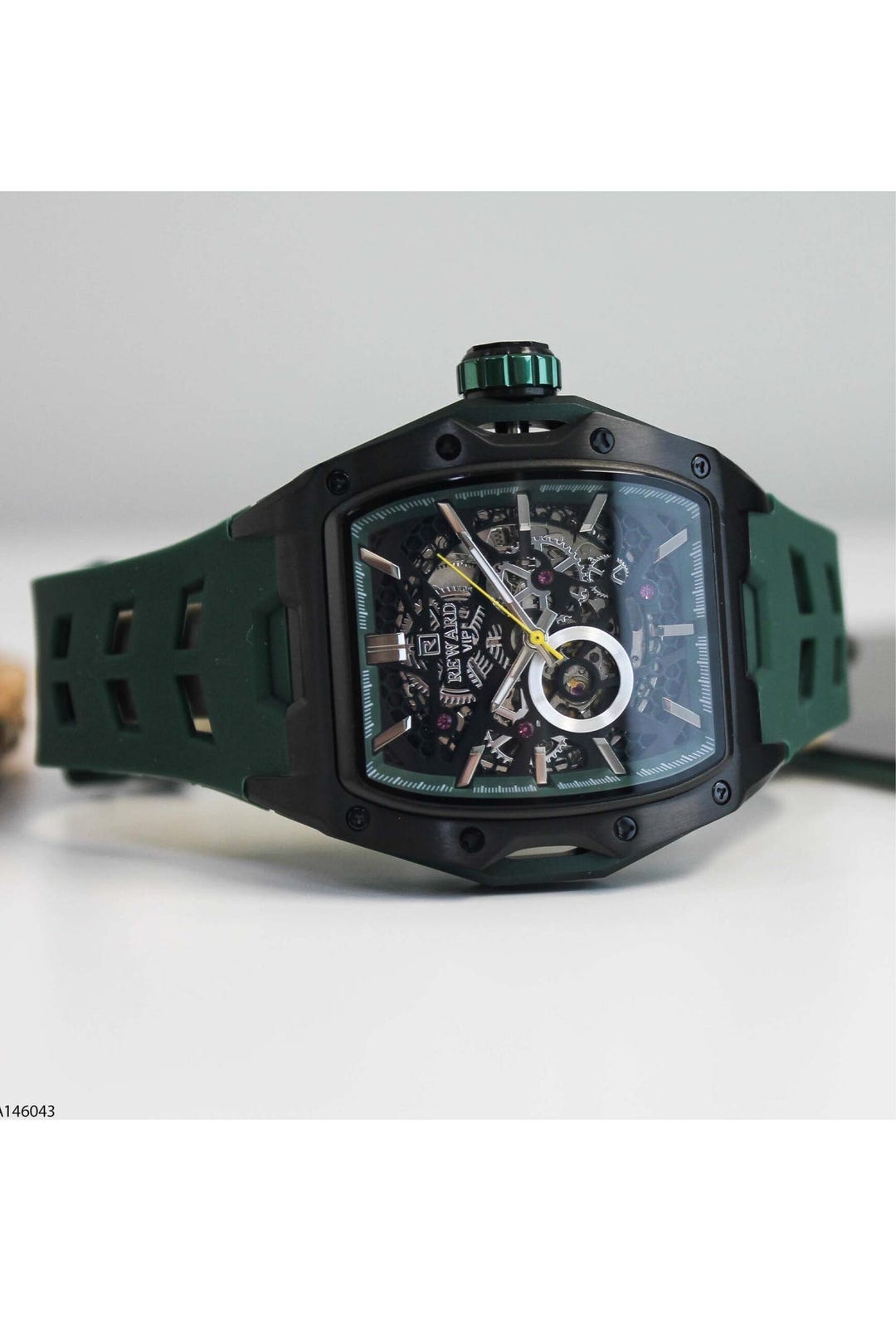 Men's Luxury Skeleton Automatic Watch - Black Case, Green Silicone ...