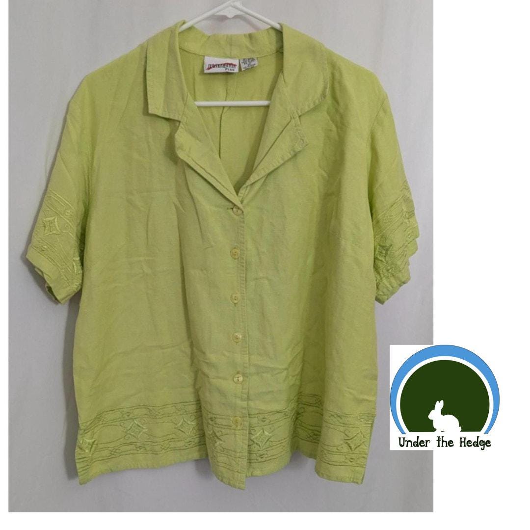 Vtg 90s Kaktus Lime Green Beaded Button up Short Sleeve Top 2X Linen ...