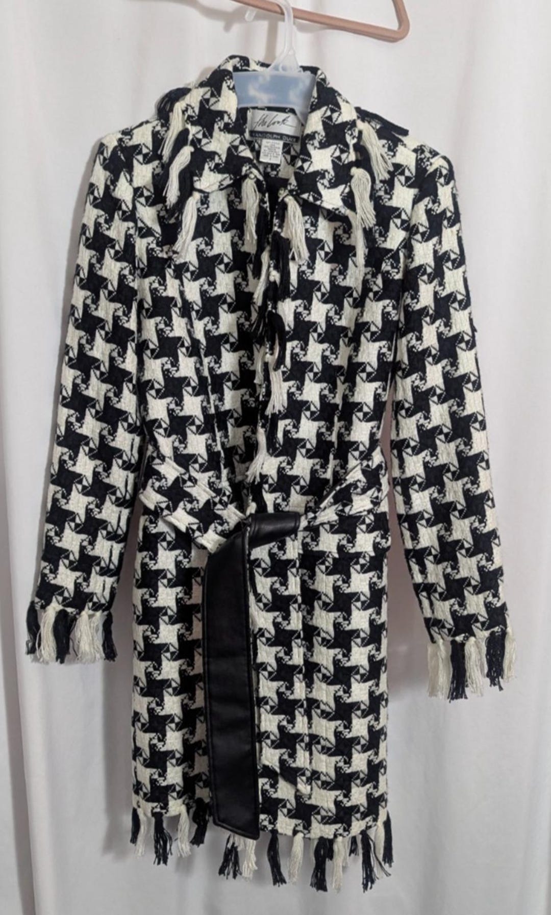 Randolph Duke the Look Black White Houndstooth Belted Fringe Coat Size ...