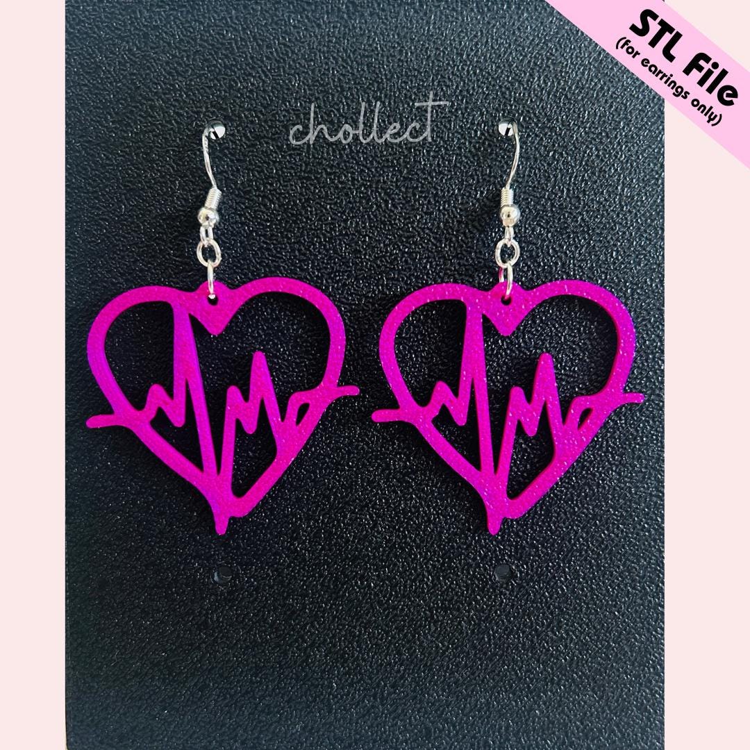 Heartbeat Love Earrings STL File: Valentines 3D Print Dangle Earring ...
