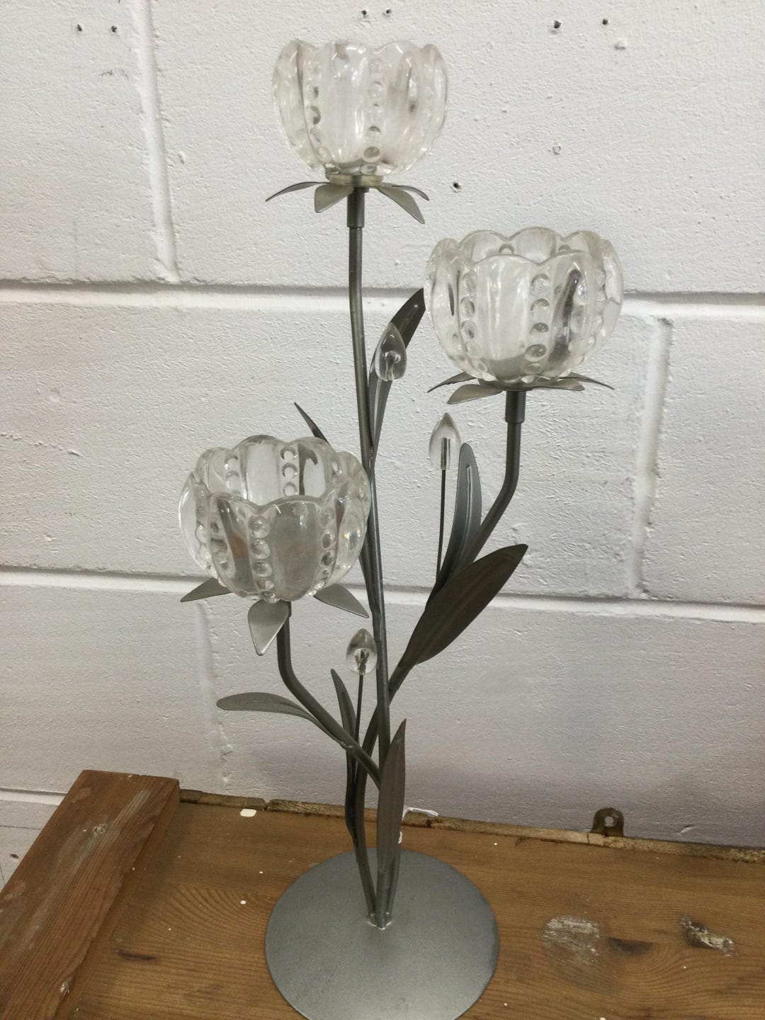 Silver Metal and Cut Glass Flower Design Tea Light Holder - Etsy UK